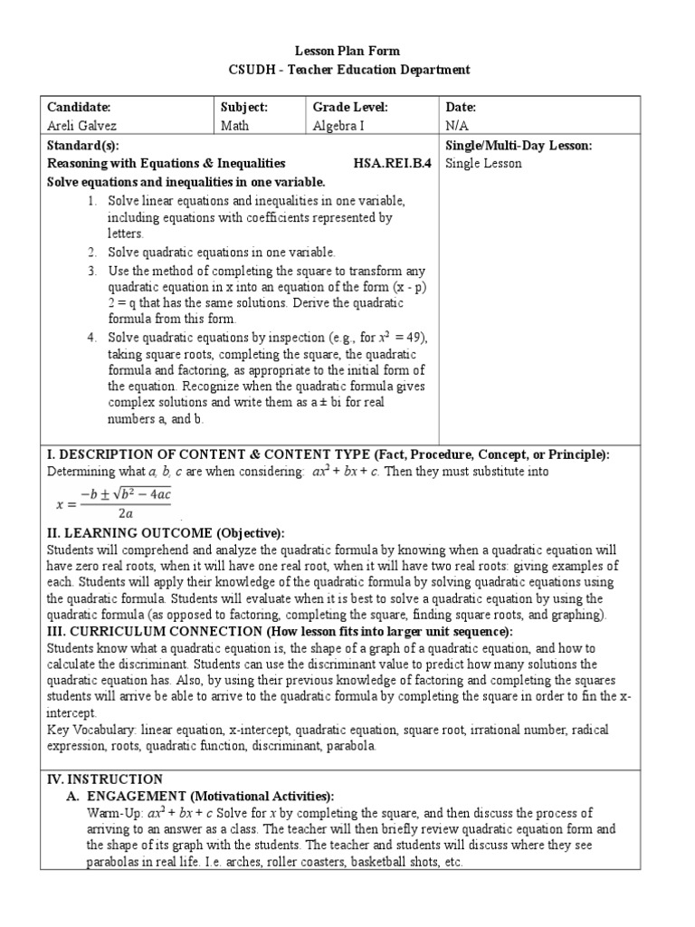 Lesson Plan 1 | PDF | Quadratic Equation | Equations