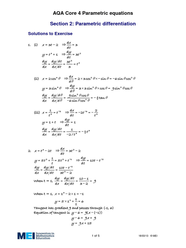 Parametric Differentiation - Solutions PDF | Download Free PDF | Slope ...