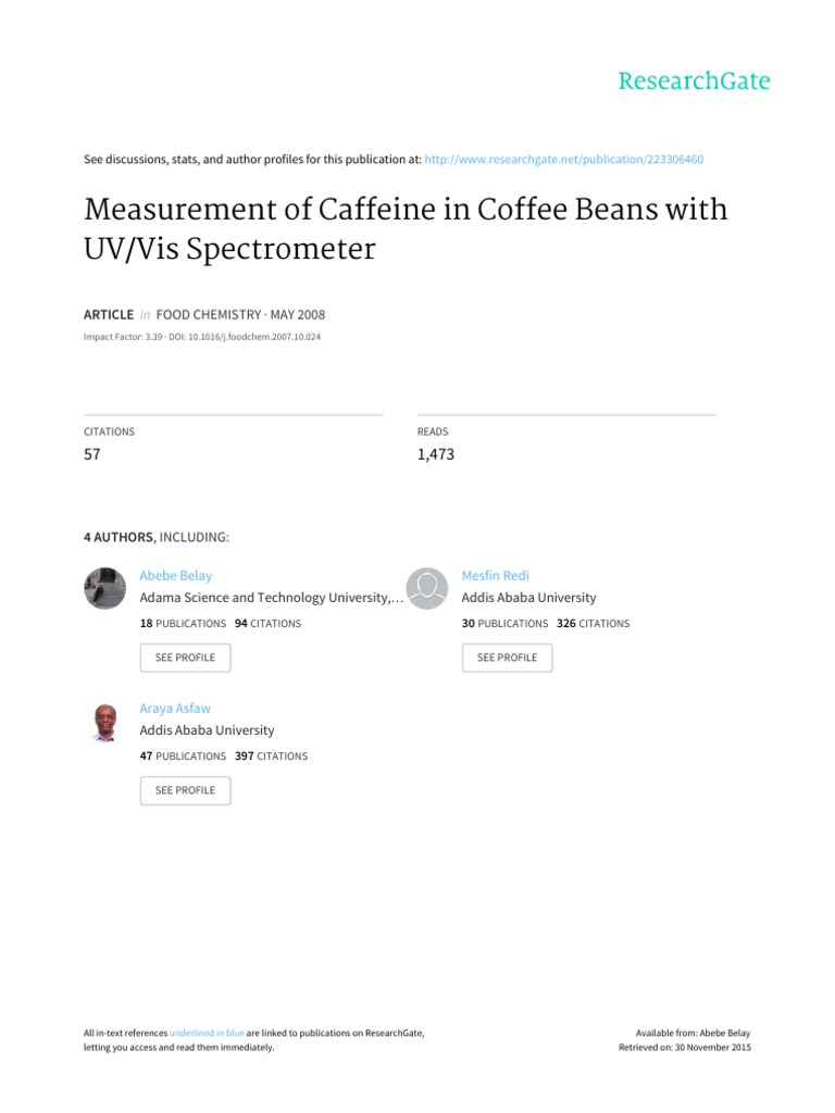 Abebe Belay Measurement Caffeine Coffee Spectrometer Food Chemistry ...