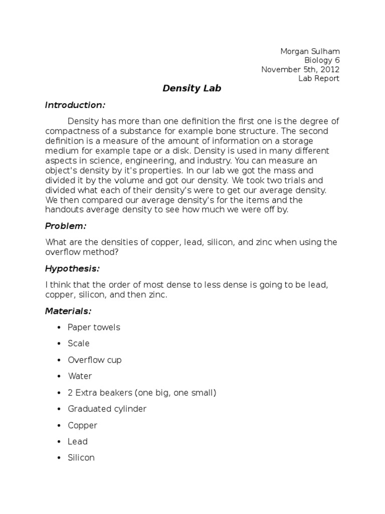 Lab Report Density | PDF | Density | Chemistry