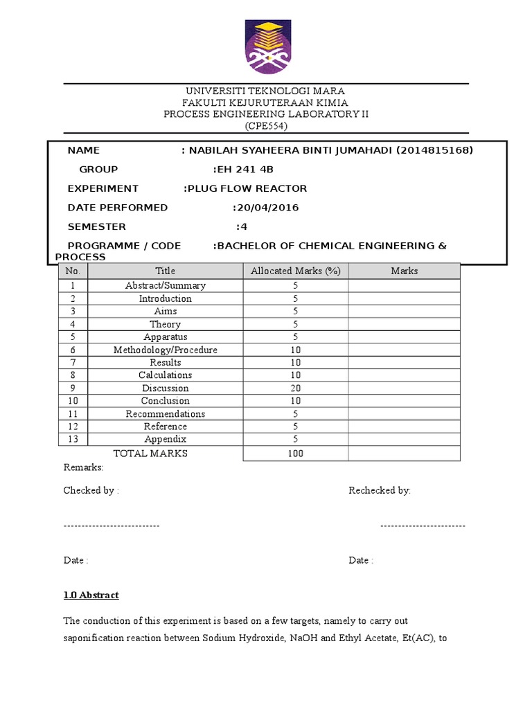 Uitm Lab Report Plug Flow Reactor | PDF | Chemical Reactor | Stoichiometry