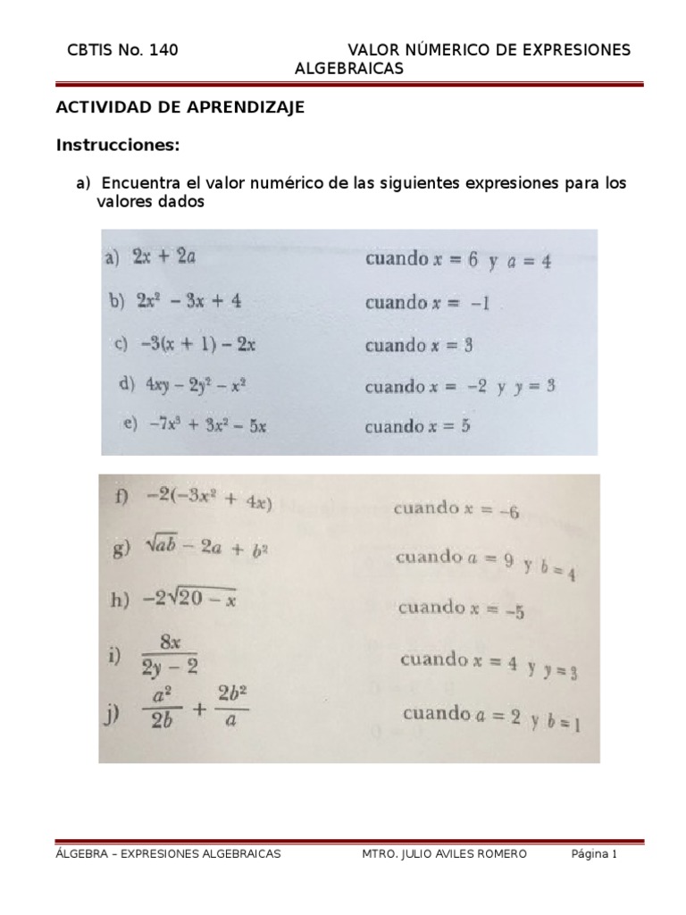 Hojas De Trabajo Para Evaluar Expresiones Algebraicas Qué Significa