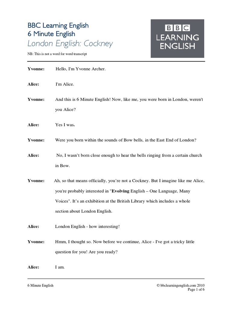 London English: Cockney: BBC Learning English 6 Minute English | PDF ...