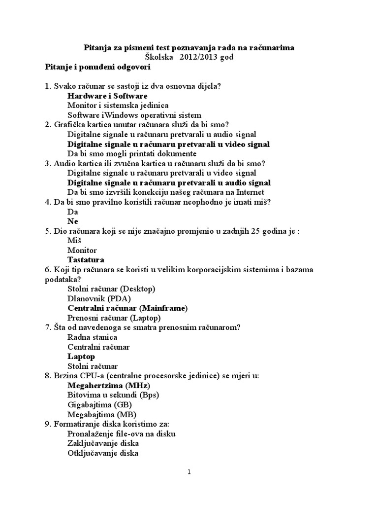 Pitanja Za Pismeni Test Poznavanja Rada Na Računarima | PDF