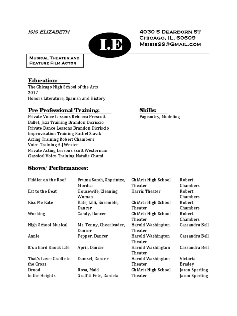 Performing Arts Resume: Isis Elizabeth | PDF