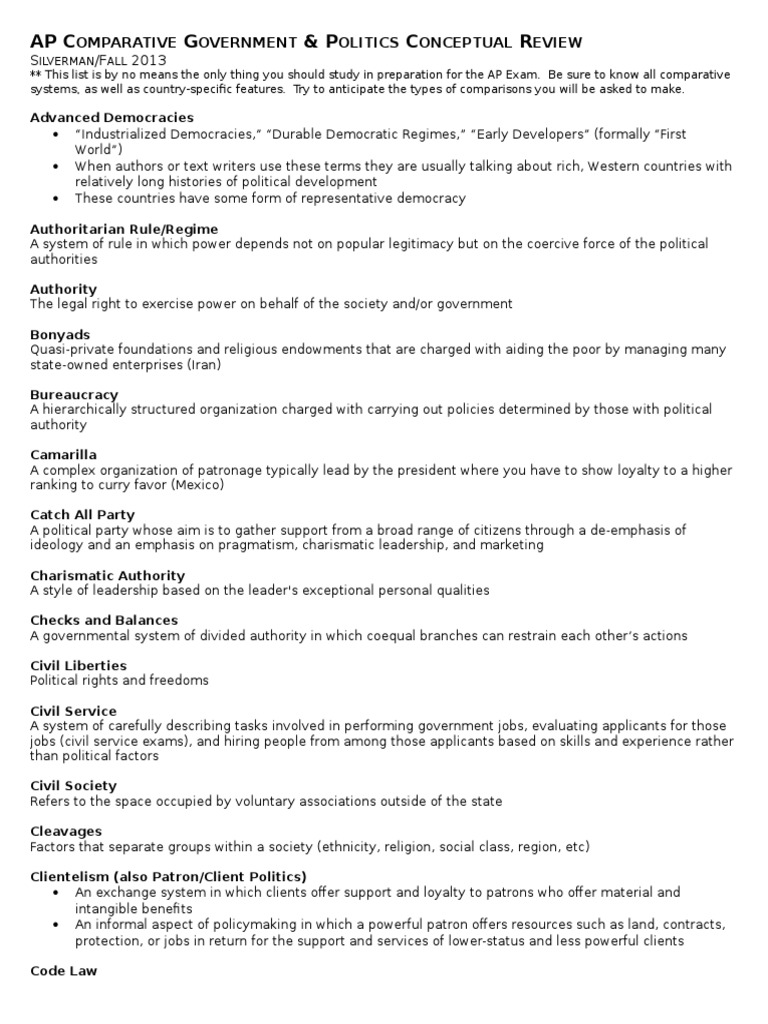 AP Comp Gov: List of Key Terms | PDF | Democracy | Political Ideologies