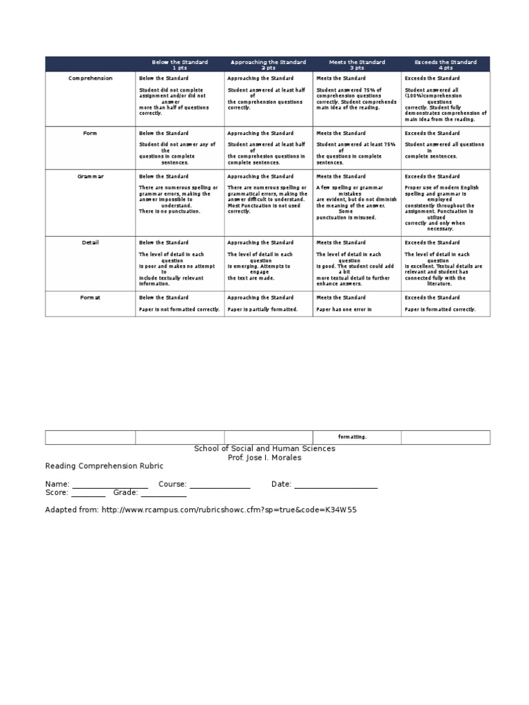 Comprehension Rubric Reading Comprehension Assessment 8th Grade Volume