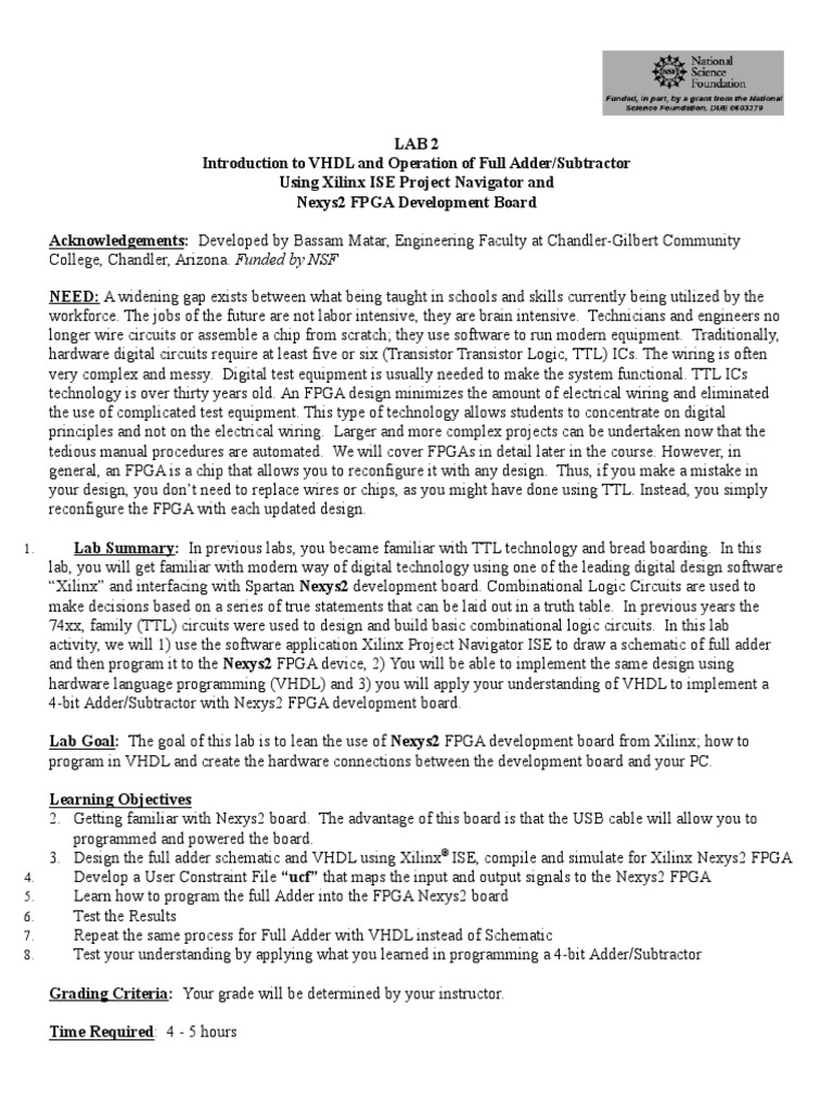 Lab 2 Introduction To Vhdl And Nexys2 Pdf Vhdl Field Programmable Gate Array
