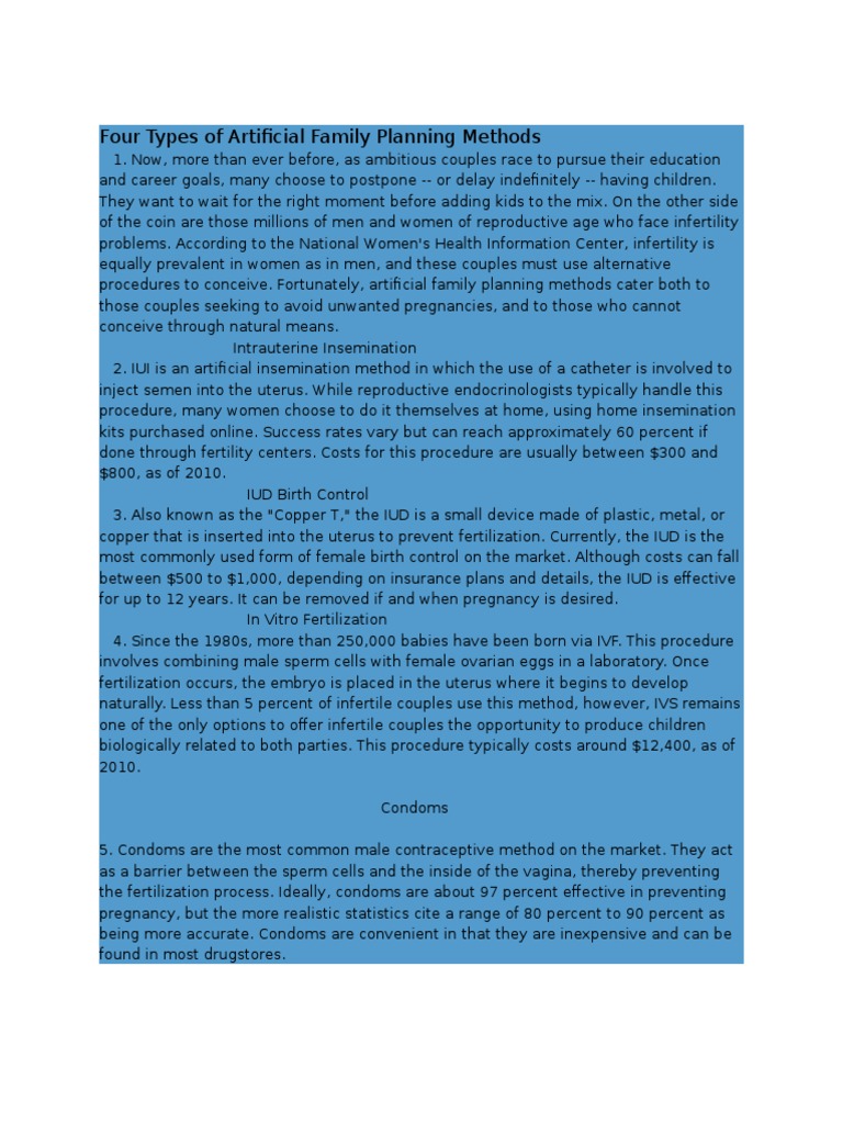 Four Types of Artificial Family Planning Methods | Birth Control ...