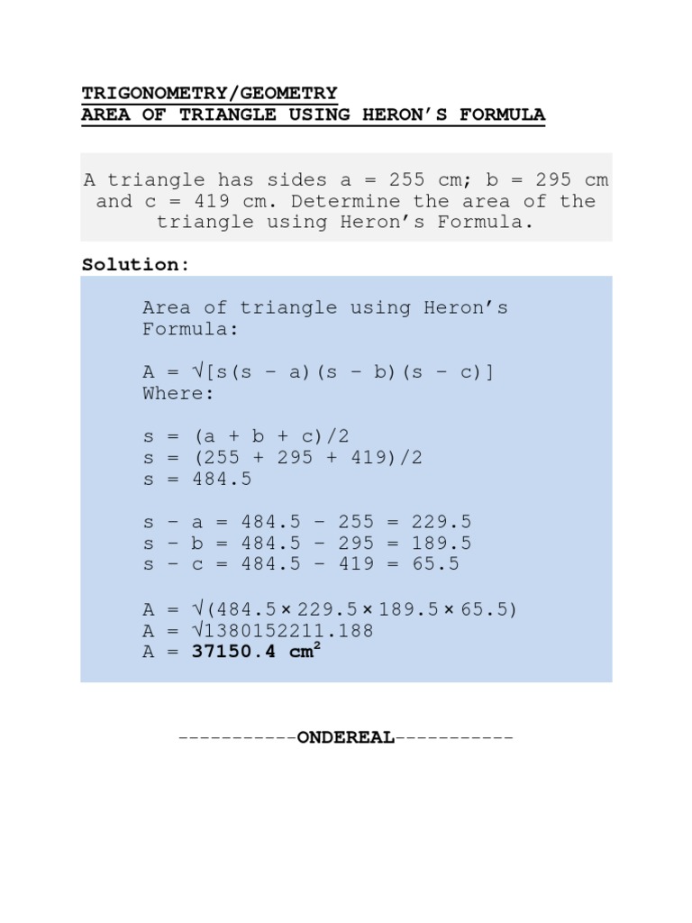 Trigonometry/Geometry Area of Triangle Using Heron'S Formula | PDF