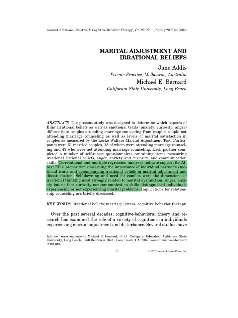 Marital Adjustment and Irrational Beliefs | PDF | Relationship ...