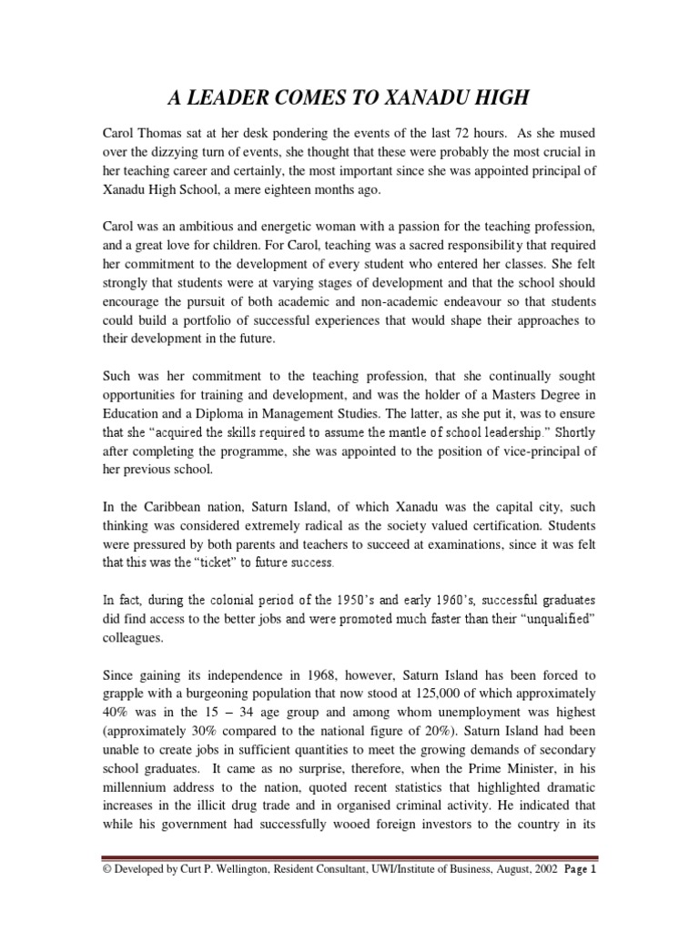 Case Study - A Leader Comes To Xanadu High | PDF | Teachers | Secondary School