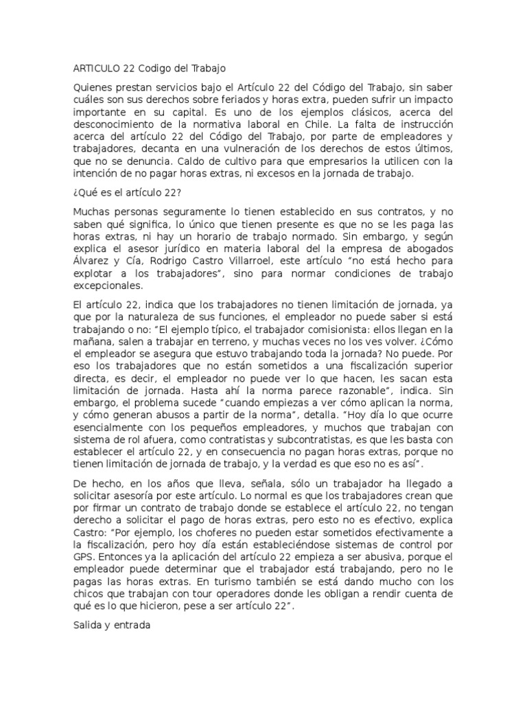 ARTICULO 22 Codigo Del Trabajo | PDF | Derecho laboral | Gobierno