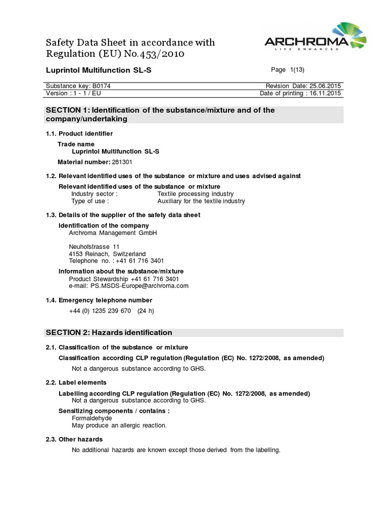 Luprintol Multifunction SL-S MSDS | PDF | Toxicity | Explosive Material