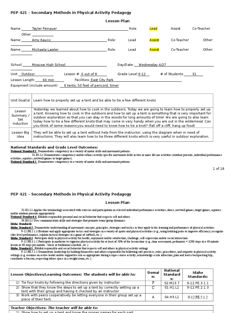 PEP 421 - Secondary Methods in Physical Activity Pedagogy Lesson Plan ...