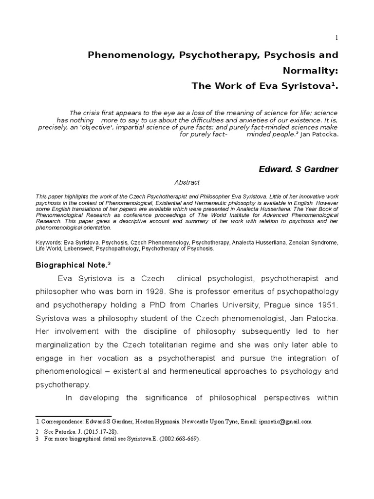 Phenomenology, Psychotherapy, Psychosis and Normality: The Work of Eva ...