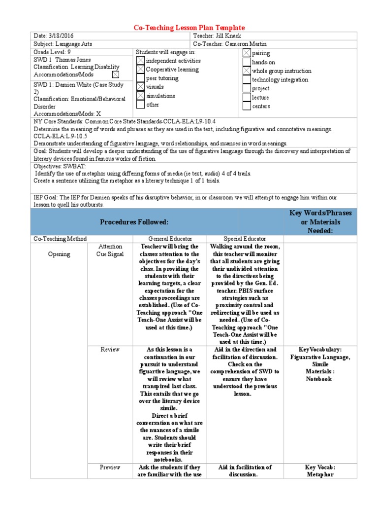Co-Teaching Language Arts Lesson Plan | PDF | Individualized Education ...