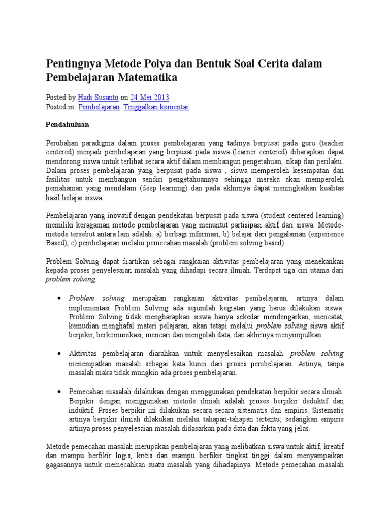 Metode Polya Dan Bentuk Soal Cerita Dalam Pembelajaran | PDF