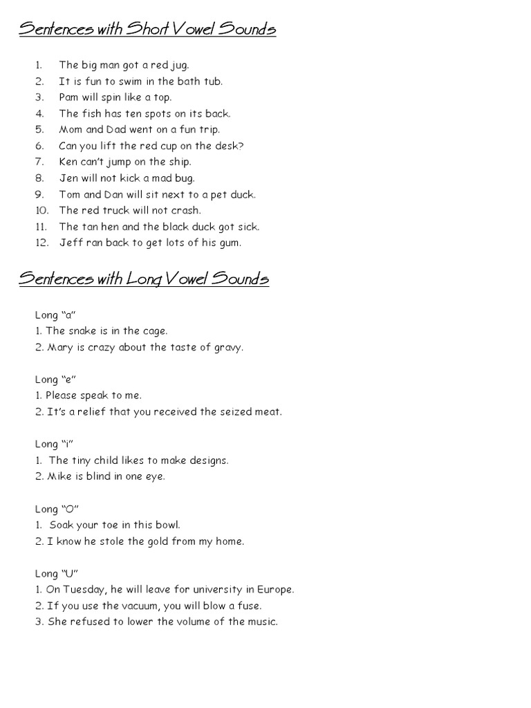 Sentences with Short and Long Vowel Sounds | PDF