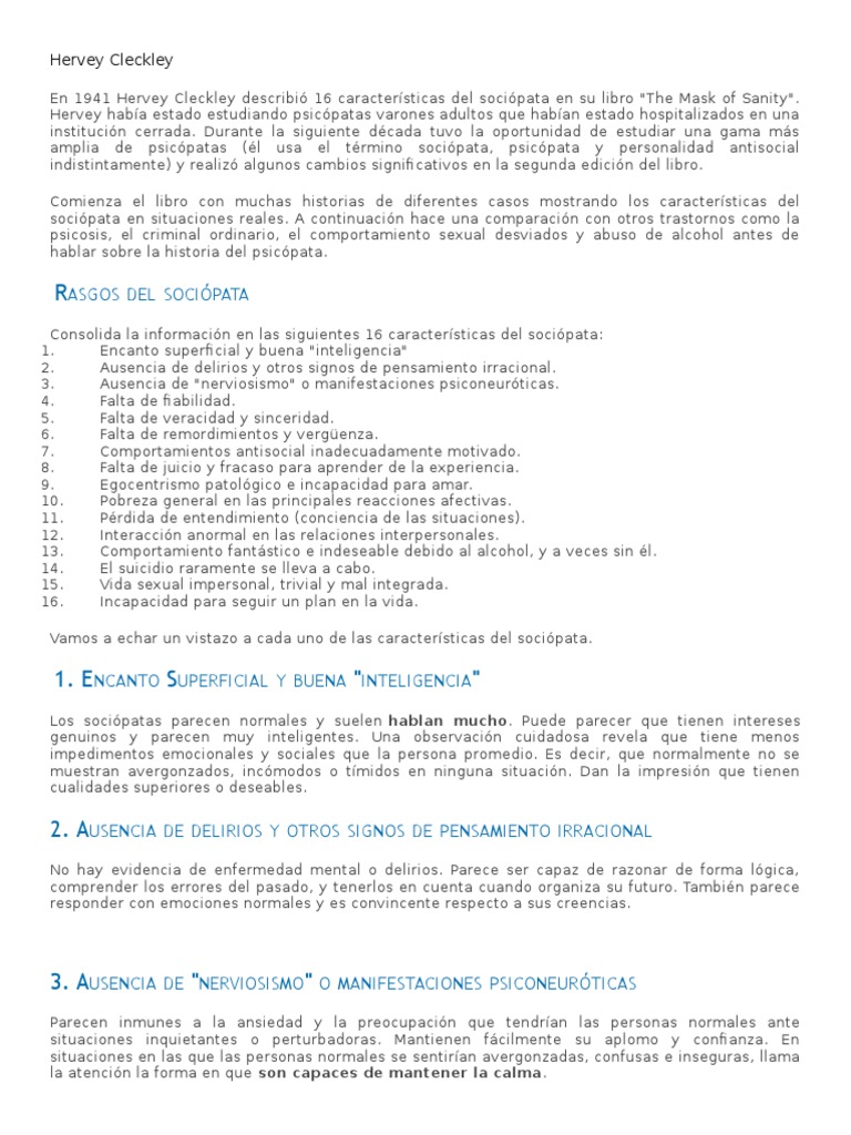 Características del Sociópata según Cleckley | PDF | Psicopatía ...