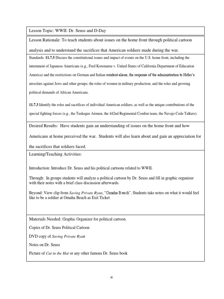 Lesson Plan DR Seuss Dday 3-11-16 | PDF