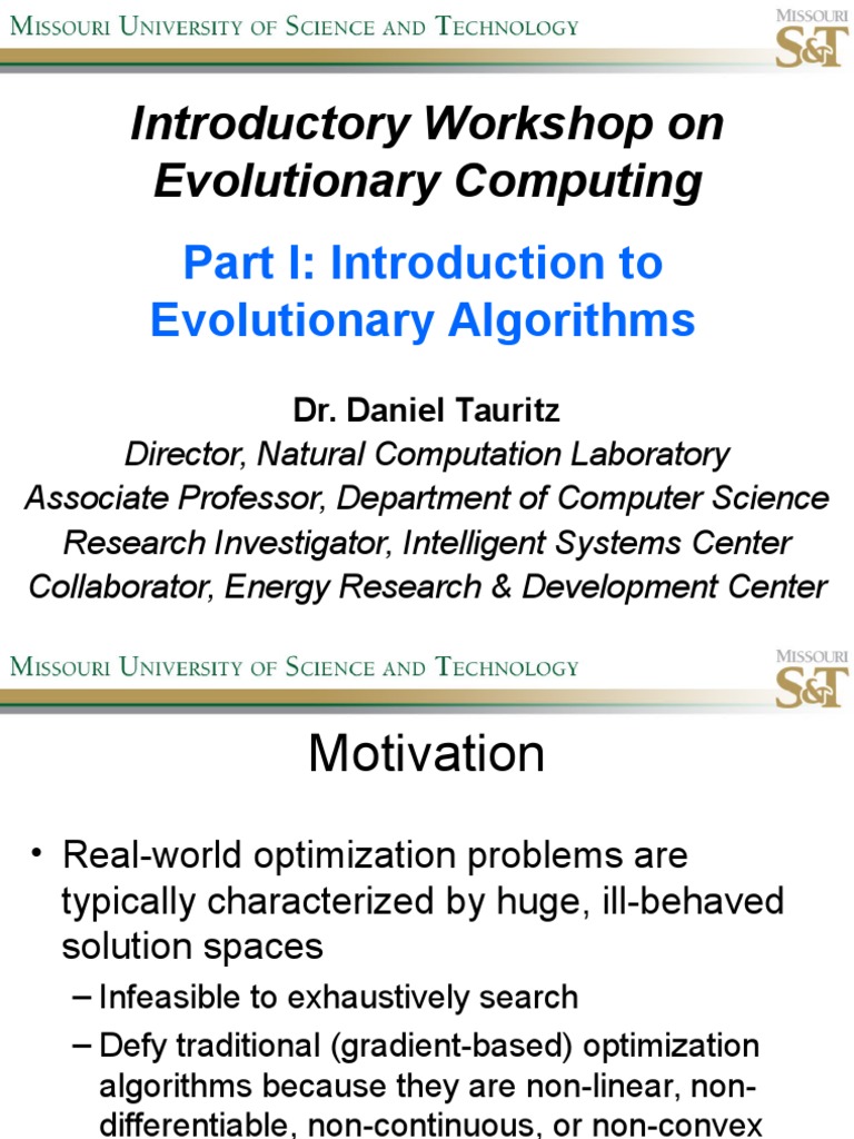 Introductory Workshop On Evolutionary Computing: Part I: Introduction ...