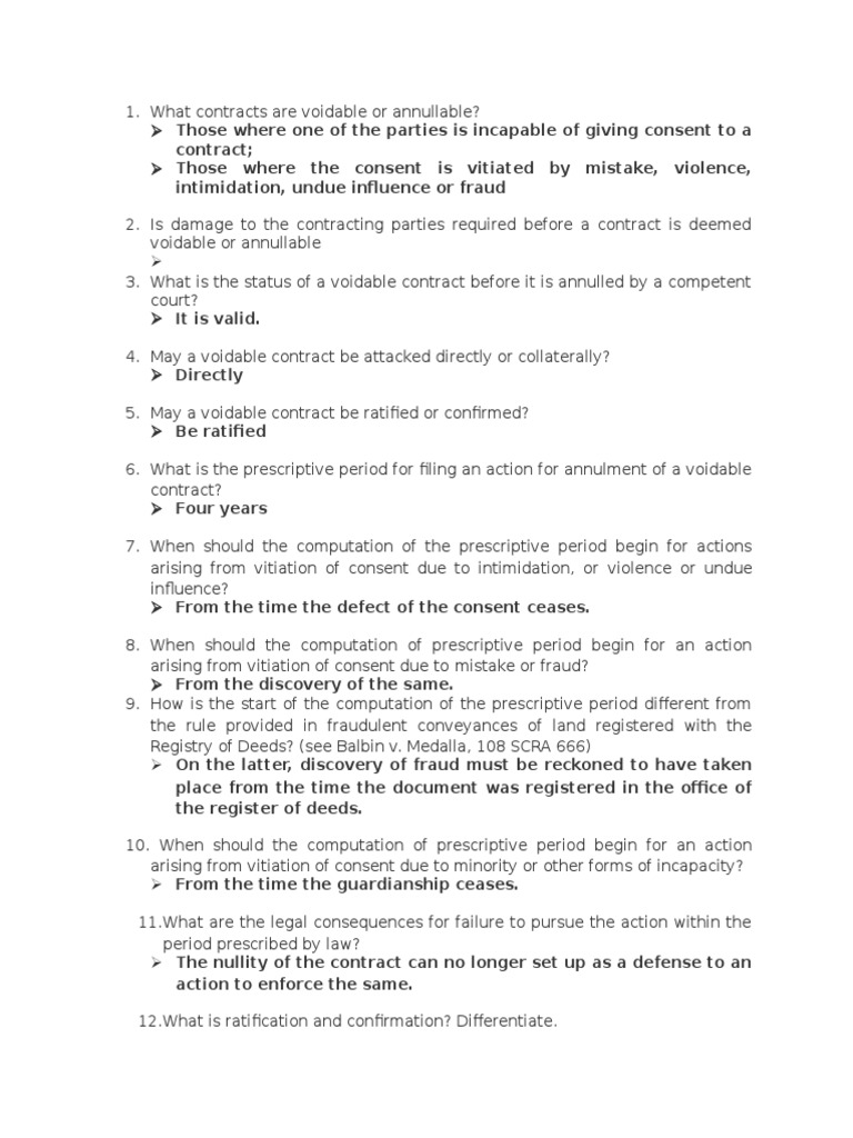 Voidable Contracts Questions | PDF | Annulment | Ratification