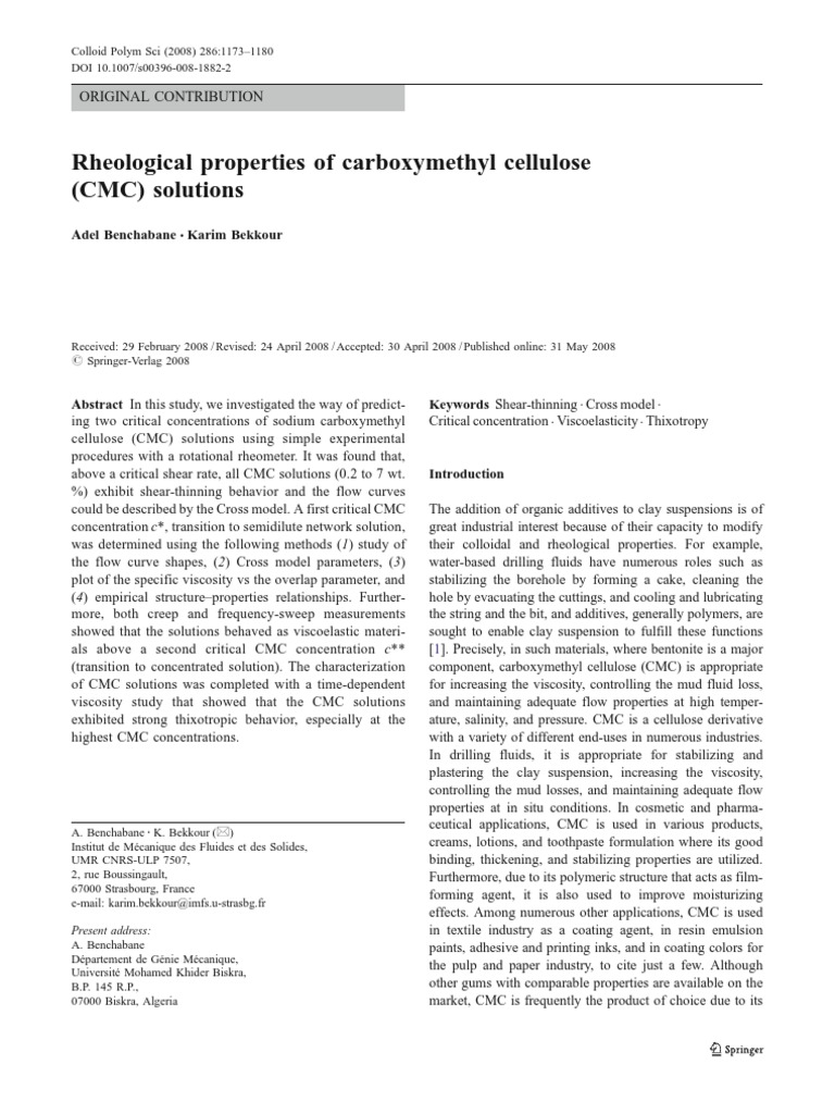 Rheological Properties of Carboxymethyl Cellulose (CMC) Solutions | PDF ...