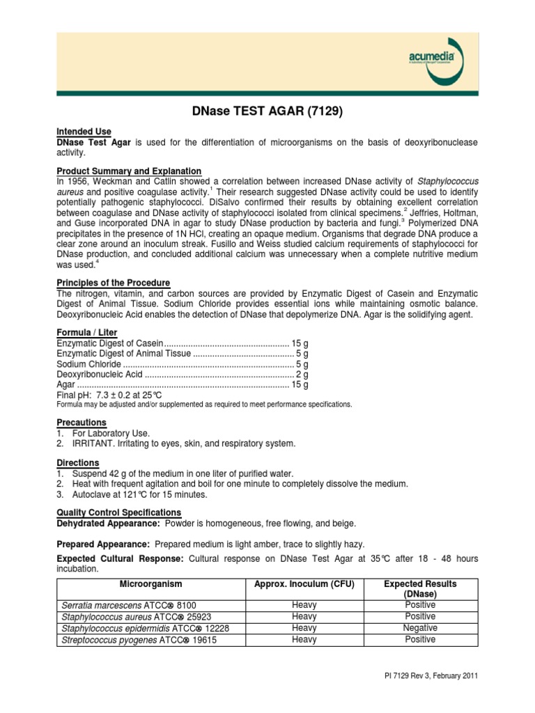 Dnase Test Agar (7129) : Aureus and Positive Coagulase Activity | PDF ...