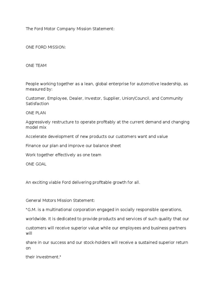 The Ford Motor Company Mission Statement | PDF | General Motors | Ford ...