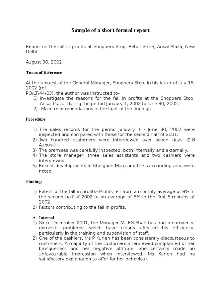 Sample of A Short Formal Report | PDF | Retail | Business Economics
