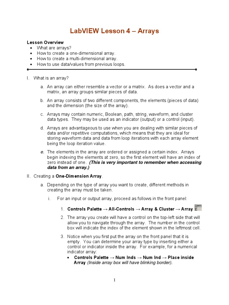 Labview Lesson 4 - Arrays | PDF | Teaching Methods & Materials