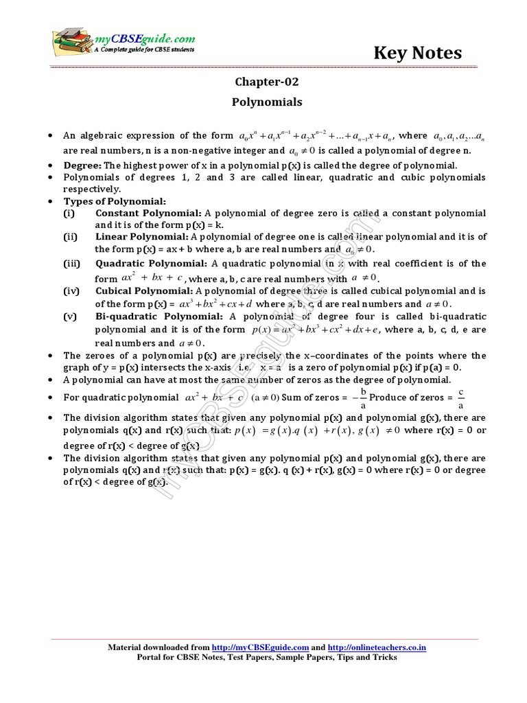 10 Maths Key Notes CH 02 Polynomials | PDF