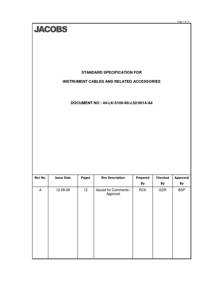 Instrument Cable Specification Standards | PDF | Cable | Wire