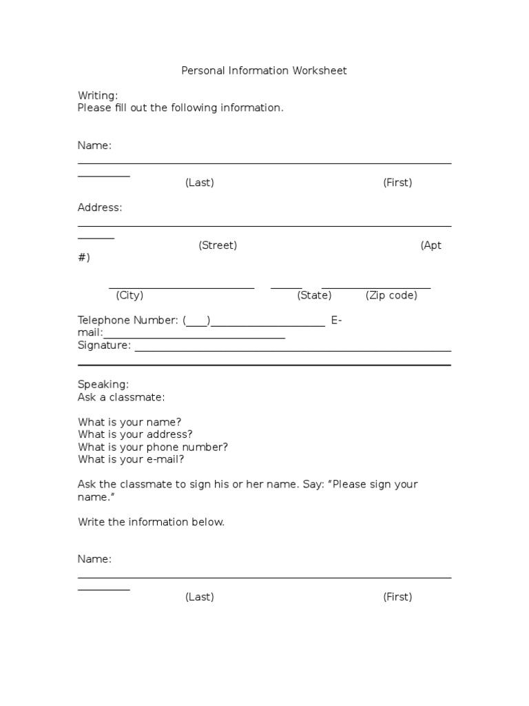 Personal Information Worksheet | PDF