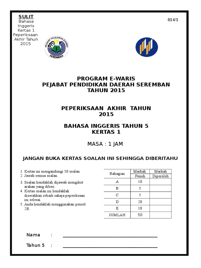 Cover Exam Paper 1 E Waris FINAL