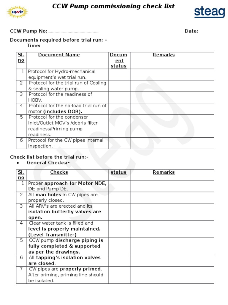 CCW Pump Commissioning Checklist | PDF | Bearing (Mechanical) | Pump