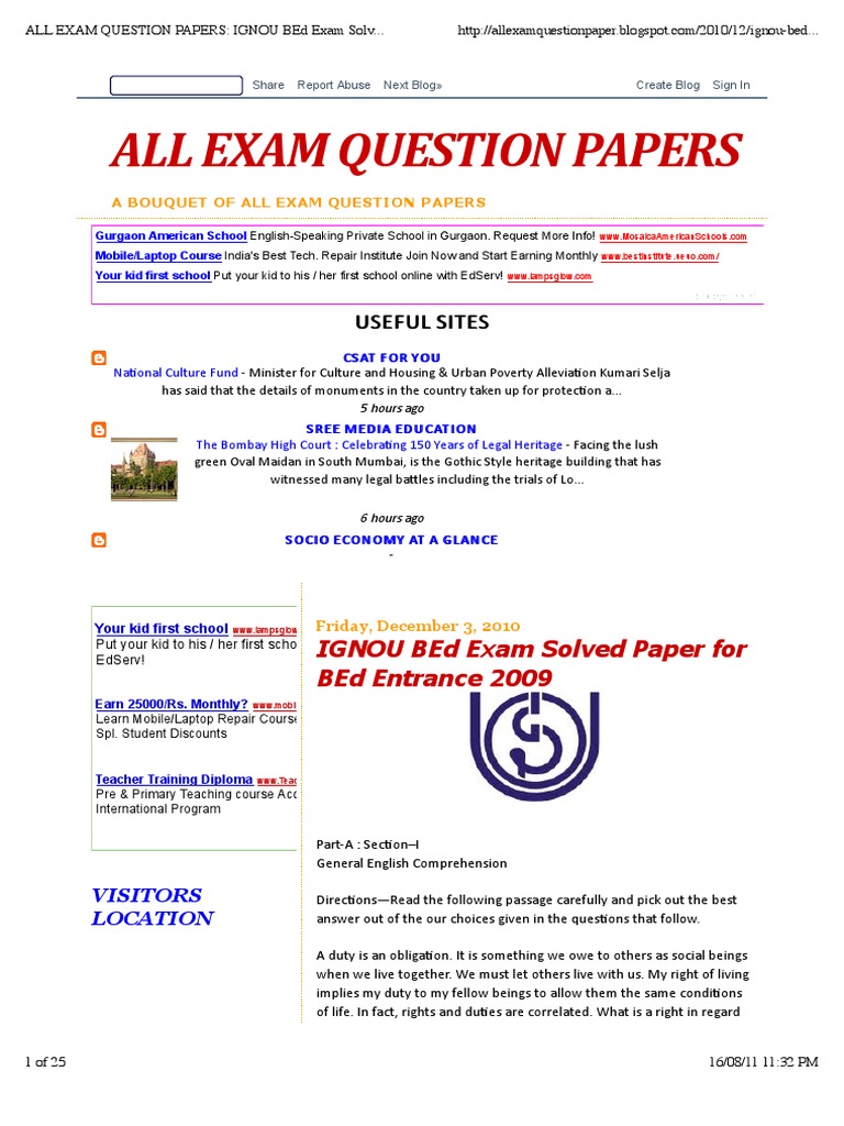 All Exam Question Papers Ignou Bed Exam Solved Paper For Bed Entrance ...