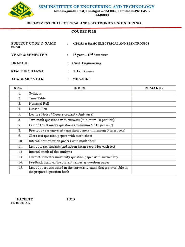 Course File Front Page Beee | PDF | Frequency Modulation | Semiconductors