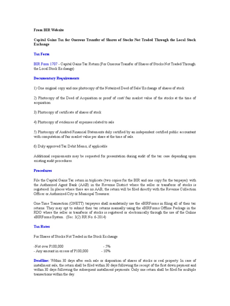 Capital Gains Tax For Onerous Transfer of Shares of Stocks Not Traded ...