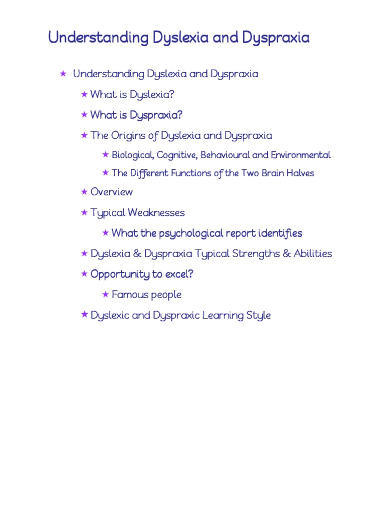 Understanding Dyslexia and Dyspraxia | PDF | Dyslexia | Learning Disability