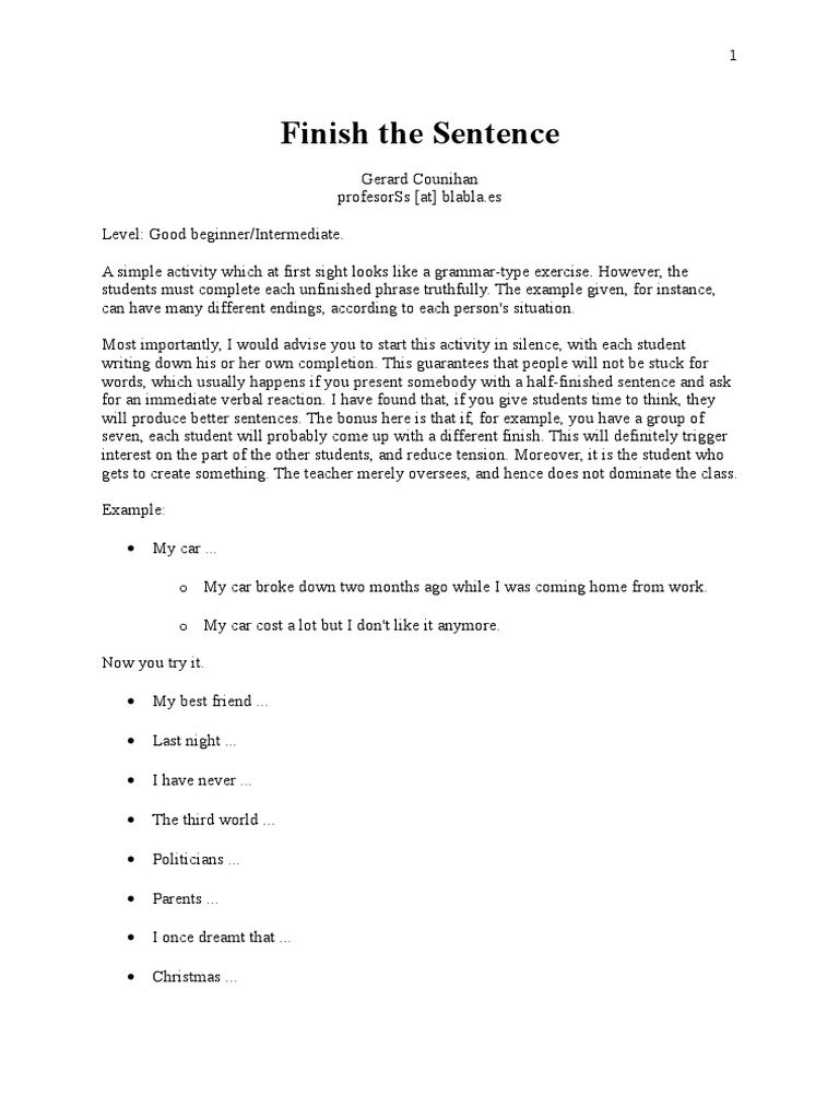 Finish The Sentence... | PDF | Newspapers | English As A Second Or ...