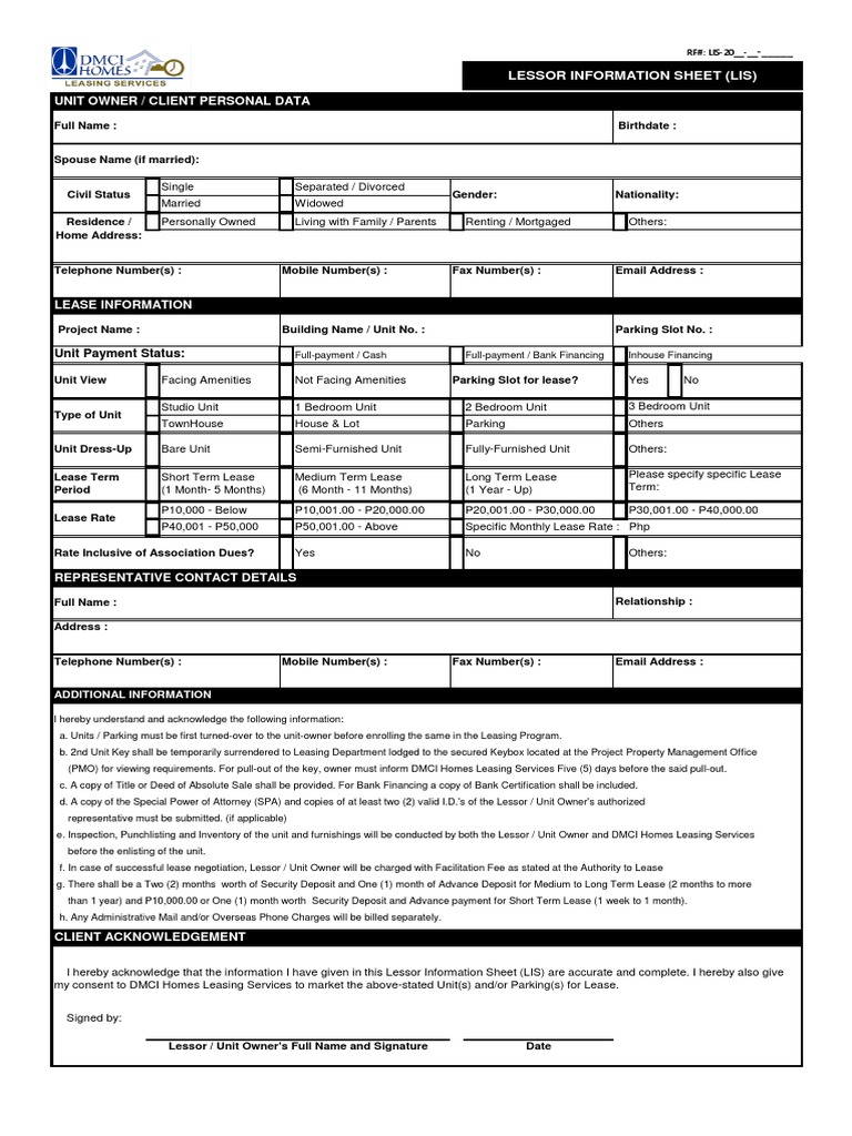 7 Lessor Information Sheet Final 6-2-2015 | PDF | Lease | Service ...