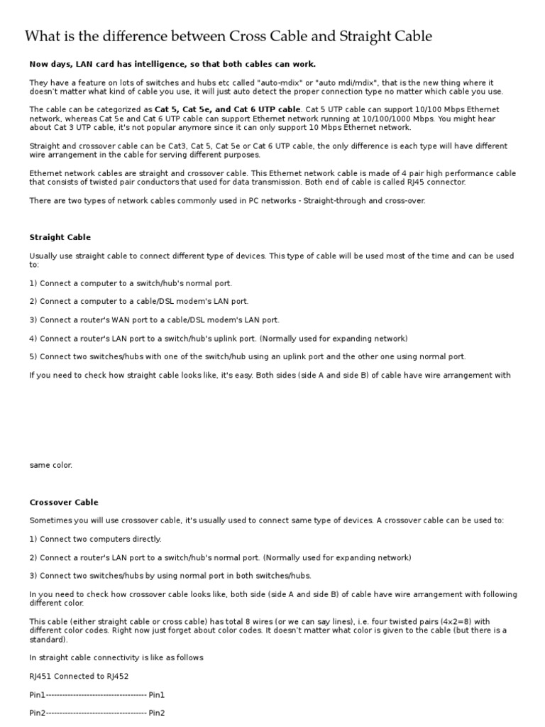 Straight vs Crossover Cable Explained | PDF | Network Switch ...