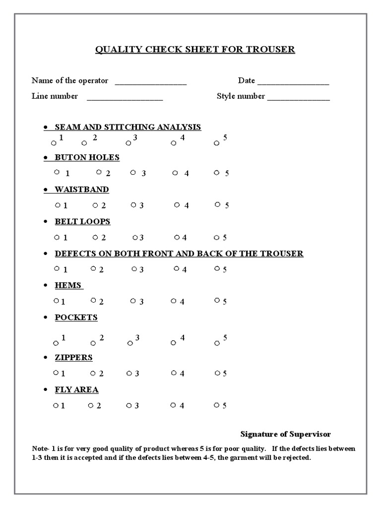 Quality Check Sheet For Trouser | PDF