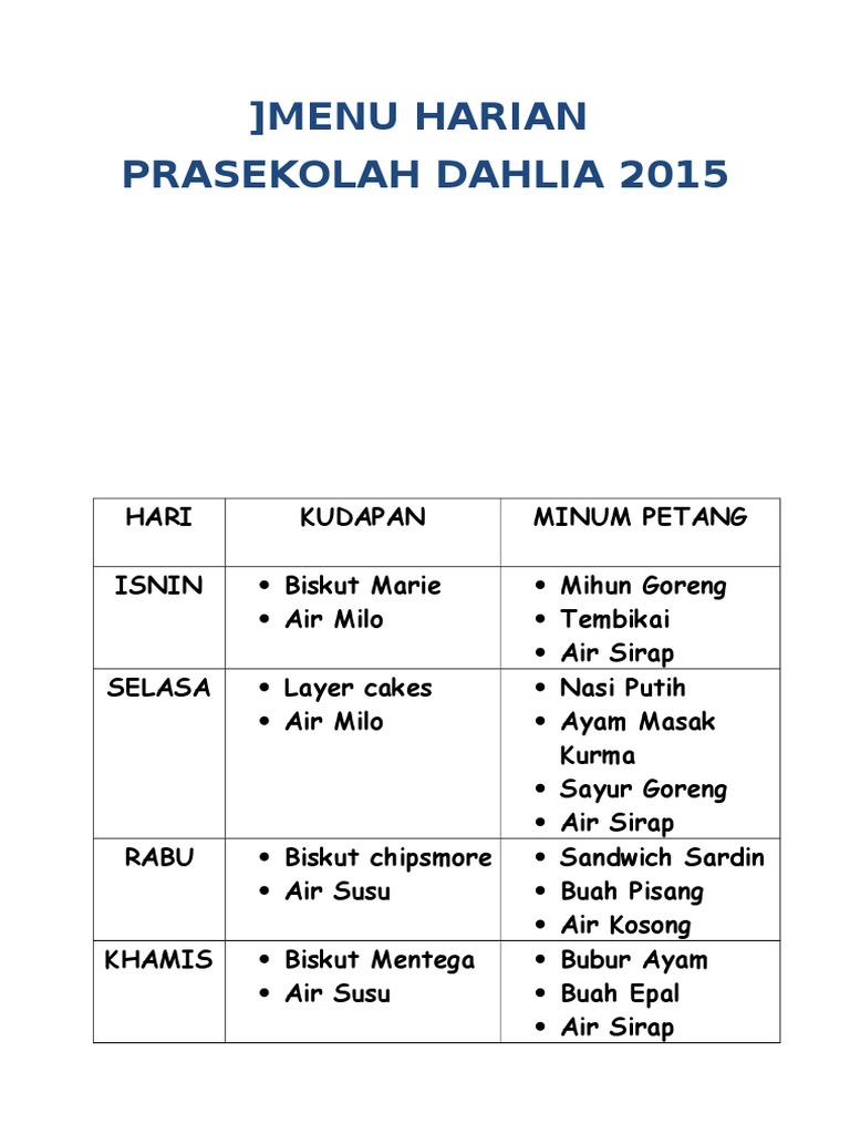 Menu Makanan Prasekolah | PDF