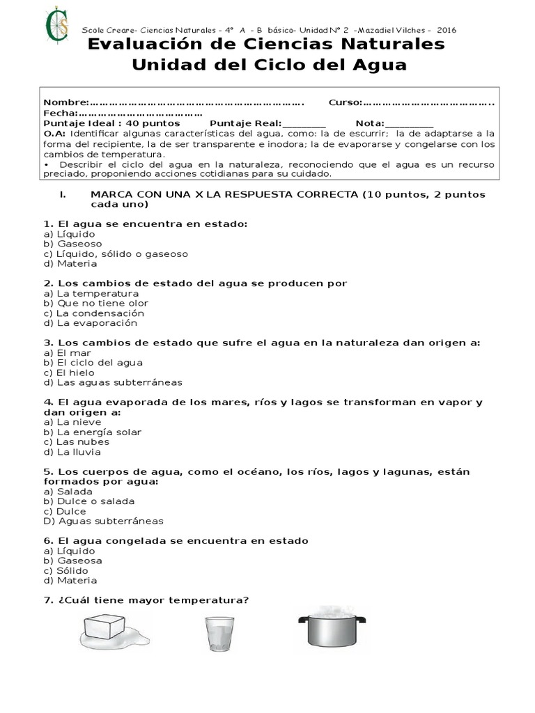 Prueba de Ciclo Del Agua | PDF | El ciclo del agua | Evaporación