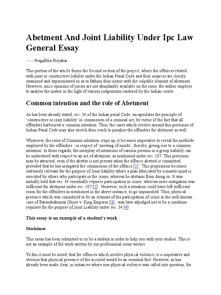 Abetment and Joint Liability Under Ipc Law General Essay | PDF ...
