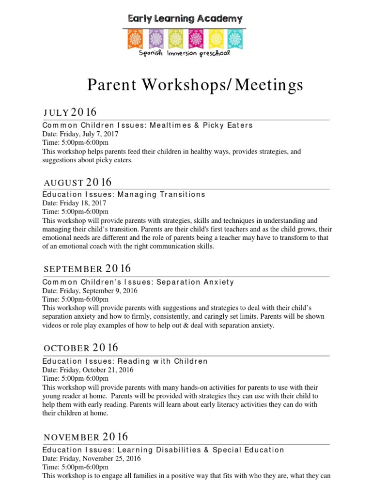 Parent Workshop Schedule | PDF | Life Skills | Parent