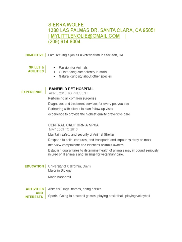 Veterinarian Resume for Sierra Wolfe | PDF | Wellness